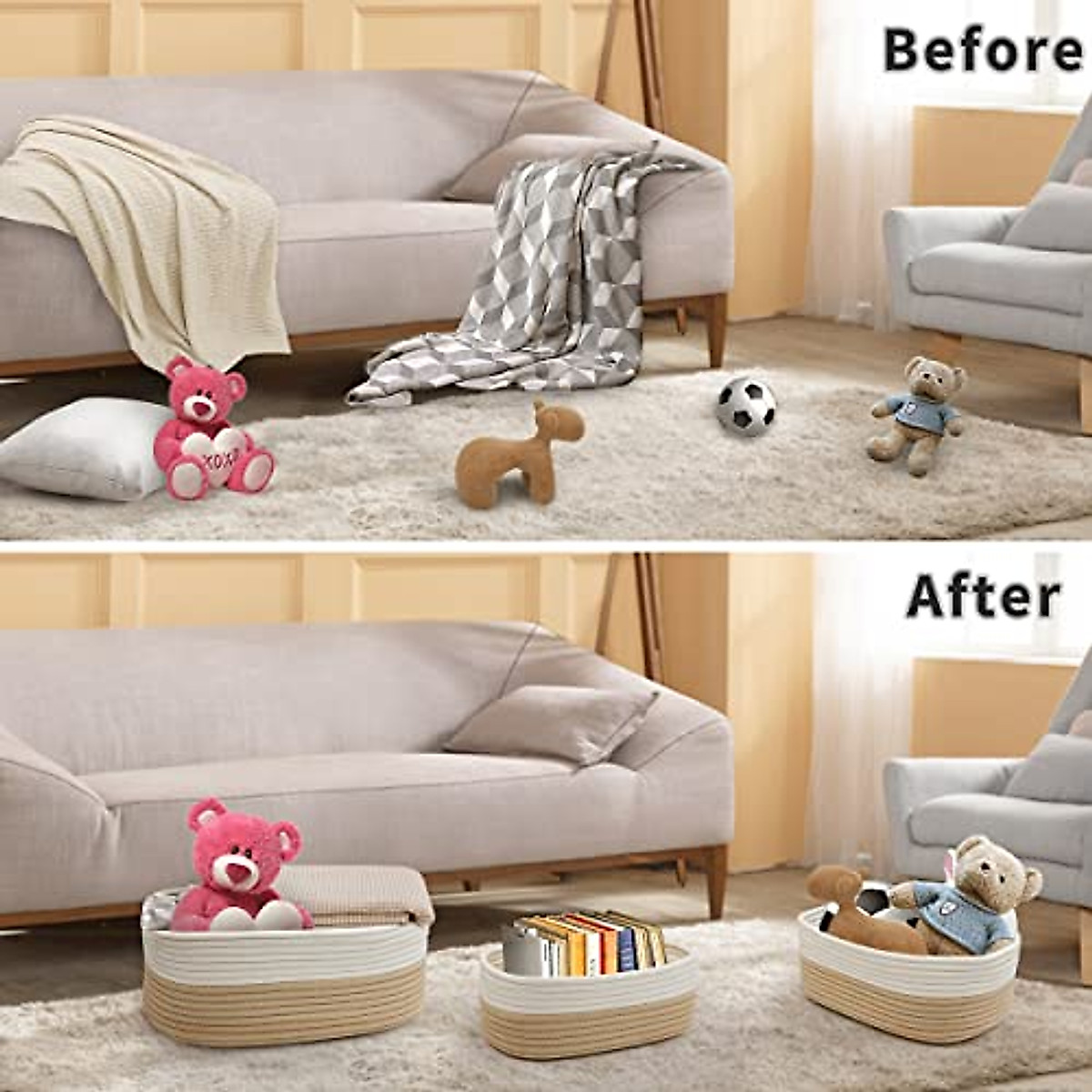 Set of 3 Small Cotton Rope Storage Baskets,Baby Nursery Organizer for Books,Magazines,Toys Storage Bin,White Woven Basket with Handles