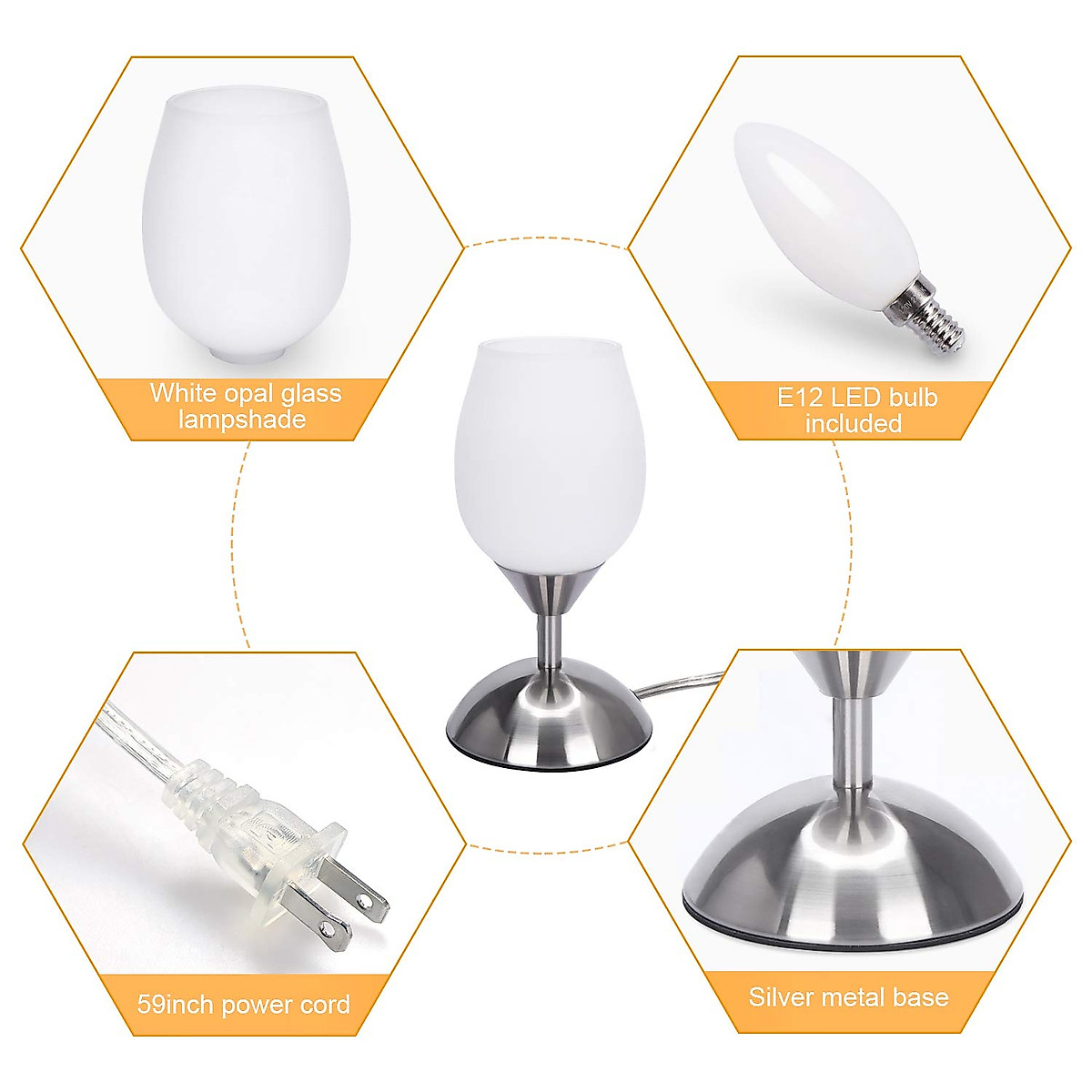 Boncoo Dimmable Touch Control Table Lamp, Small Lamp with Opal Glass Lampshade Ambient Light Bedside Little Lamp Silver Base Modern Accent Lamp for Bedroom, Living Room, E12 Bulb Included