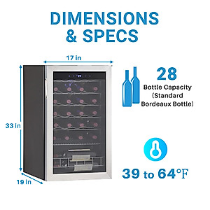 Techomey Wine Fridge Freestanding, 28 Bottle Compressor Wine Cooler Refrigerator with Digital Thermostat and Glass Door, Stainless Steel