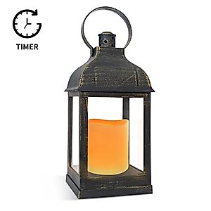 Lantern Decorative with Timer Function - 10" Led Decorative Lantern with Flickering Flameless Candles, Indoor Outdoor Hanging Lanterns, Vintage Lantern Centerpieces for Tables Home Wedding, Bronze