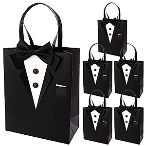 Crisky Classic Black Tuxedo Gift Bags for Groomsman Father's Birthday Anniversary Wedding Favor Bags 10"x8"x4" set of 6