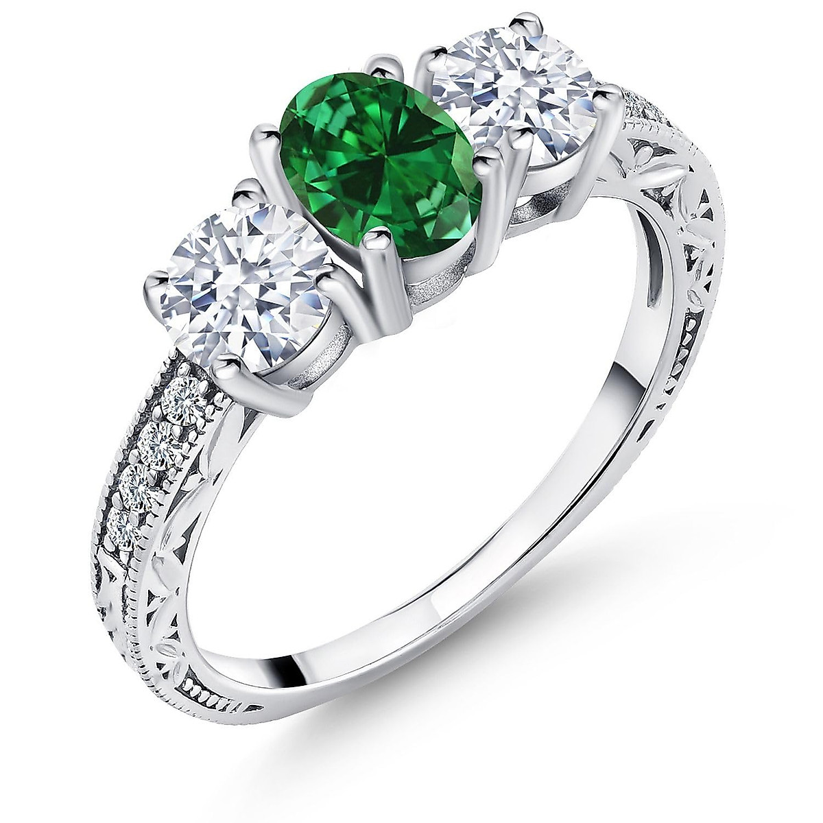 Gem Stone King 925 Sterling Silver Oval Green Simulated Emerald 3 Stone Ring | 2.22 Cttw | 3 Stone Wedding Engagement Anniversary Promise Ring For Women (Size 7)
