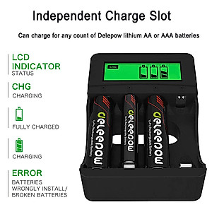 Deleepow Rechargeable AAA Batteries 1200mWh AAA Lithium Rechargeable Batteries 4-Pack 1.5V 1500 Cycle with LCD Charger