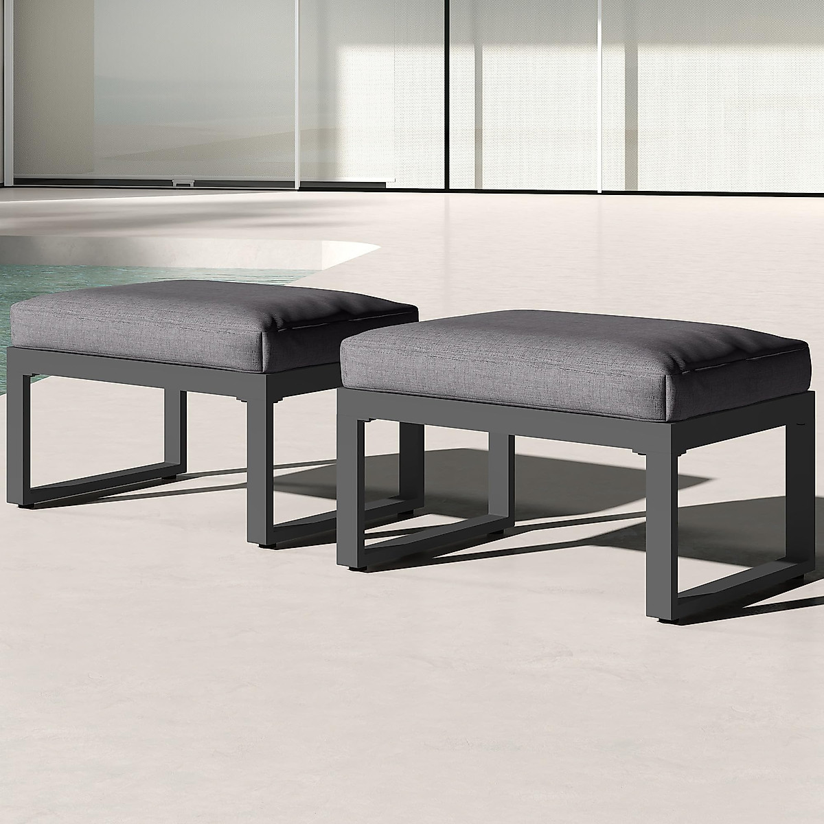 RoyalCraft 2 Pieces Aluminum Outdoor Patio Ottoman Set, Outdoor Foot Stools with Thick Cushion, Small Seat Furniture for Porch Balcony Backyard, Grey
