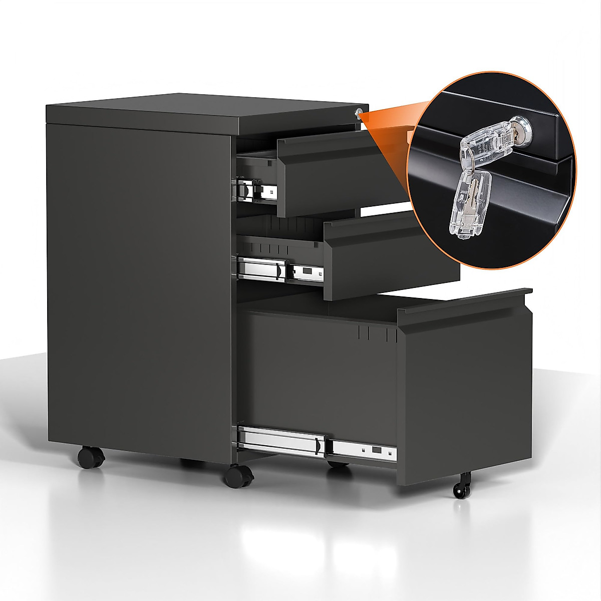 GangMei Mobile File Cabinet Under Desk, 3 Drawers Steel Lateral Filing Cabinet with Lock and Wheels, Fully Assembled(Black)