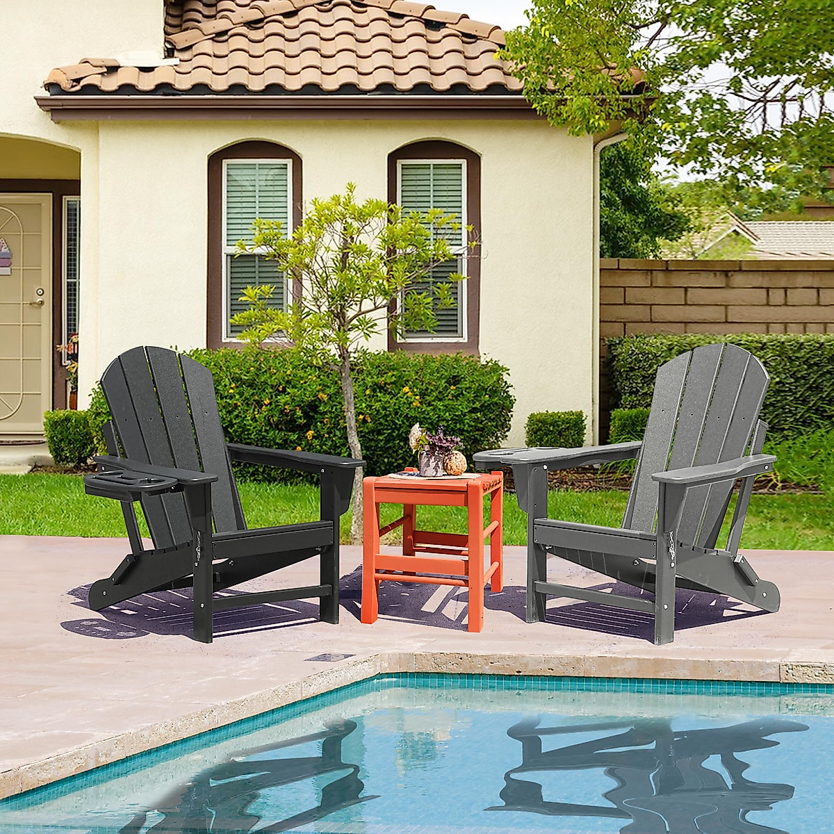 FOOWIN HDPE Folding Adirondack Chair All-Weather Resistant Adirondack Chair w/4 in 1 Cup Holder Trays, Adirondack Chairs for Outdoor, Patio, Lawn, Garden, Backyard Deck