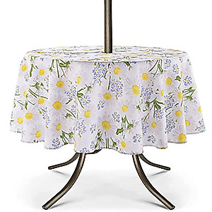 UMINEUX Outdoor Tablecloth with Umbrella Hole and Zipper, Spring/Summer Waterproof Table Cover for Picnic/BBQ/Garden(60" Round,Daisy)