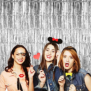BTSD-home Silver Foil Fringe Curtain, Metallic Photo Booth Backdrop Tinsel Door Curtains for Wedding Birthday Bridal Shower Baby Shower Bachelorette Christmas Party Decorations(4 Pack, 8ft x 3ft)
