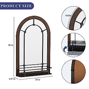 AZODY Arched Window Wall Mirror with Shelf, 36''x24'' Brown Hanging Entryway Mirror, Decorative Mirrors for Wall Decor, Living Room, Bathroom Vanity