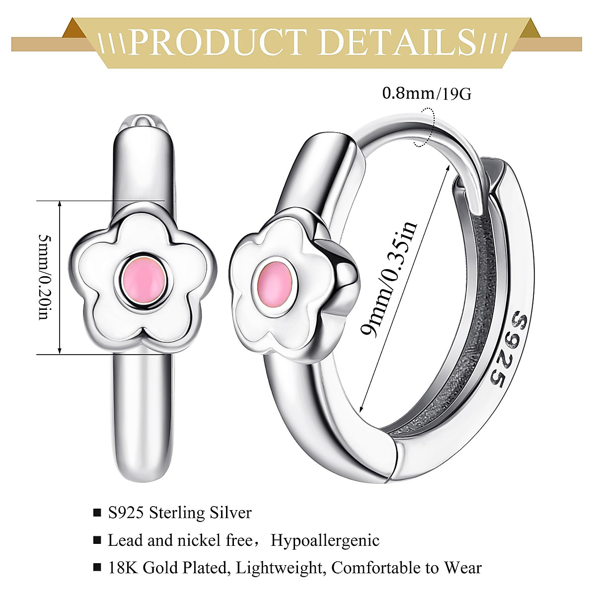 MILACOLATO 925 Sterling Silver Small Hoop Earrings Toddler 18K White Gold Plated Daisy Earrings Yellow FLower Huggie Hoop Earrings for Women Hypoallergenic Earrings for Sensitive Ears Over 3 Years Old