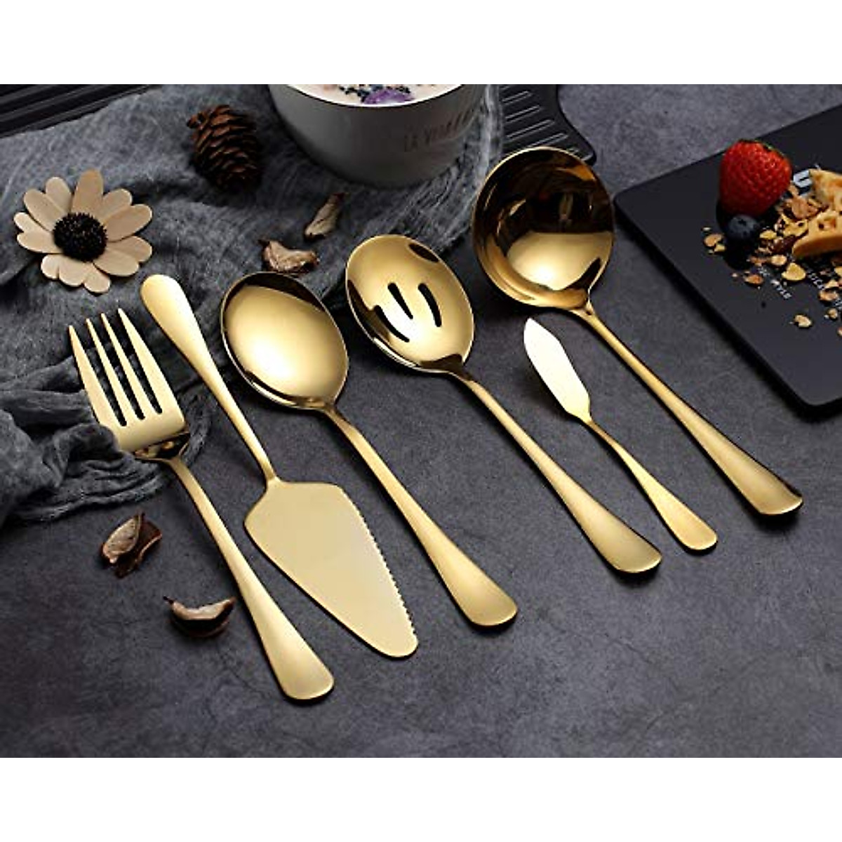HOMQUEN 6-Piece Gold Serving Flatware Silverware Set,Stainless Steel Serving Utensil Set,Include Cake Server, Slotted Serving Spoon, Serving Spoon, Cold Meat Fork, Butter Knife, Soup Ladle