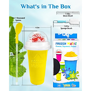 Slushy Maker Cup, DIY Magic Slushy Maker Squeeze Cup, Portable Smoothie Squeeze Cup for Juices, Milk and Ice Cream Make, Double Layers Silica Cup with Lid & Straw for Kids, Friends, Family (Yellow)1