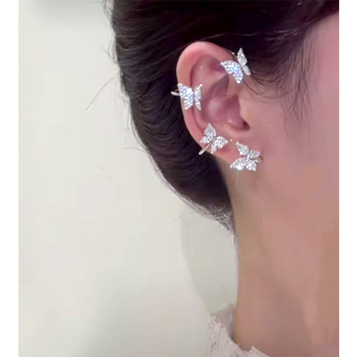 2Pcs Zircon Butterfly Ear Cuff Earrings for Women No Piercing Butterfly Ear Clip Wrap Around Fake Earrings Ear Wrap Crawler Rhinestone Wrap Earrings (silver)