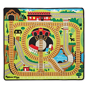 Melissa & Doug Round the Rails Train Rug With 3 Linking Wooden Train Cars (39 x 36 inches)