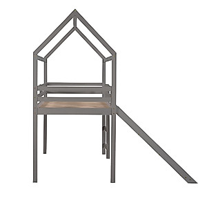 Harper & Bright Designs Twin Size Loft Bed with Slide, Kids House Bed with Slide, Solid Wood Bed Frame for Kids Girls & Boys, Gray