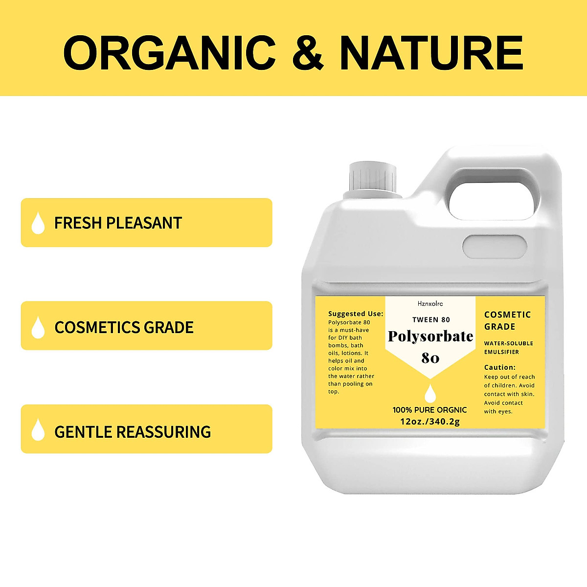 12 oz Polysorbate 80 for Bath Bombs, Premium Polysorbate 80 (Sorbitan Oleate) Liquid, 100% Pure, Cosmetics Grade, Gentle on Skin, Suitable for Making Lotions, Shampoos, Body Washes and More