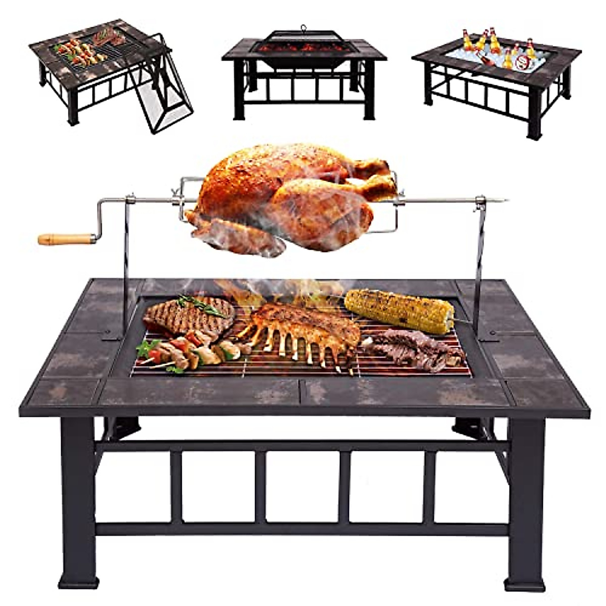 37 Inch Fire Pit with Grill, Outdoor Fire Pit Table, Wood Burning Firepit with Spark Screen for Backyard Garden Patio Picnic