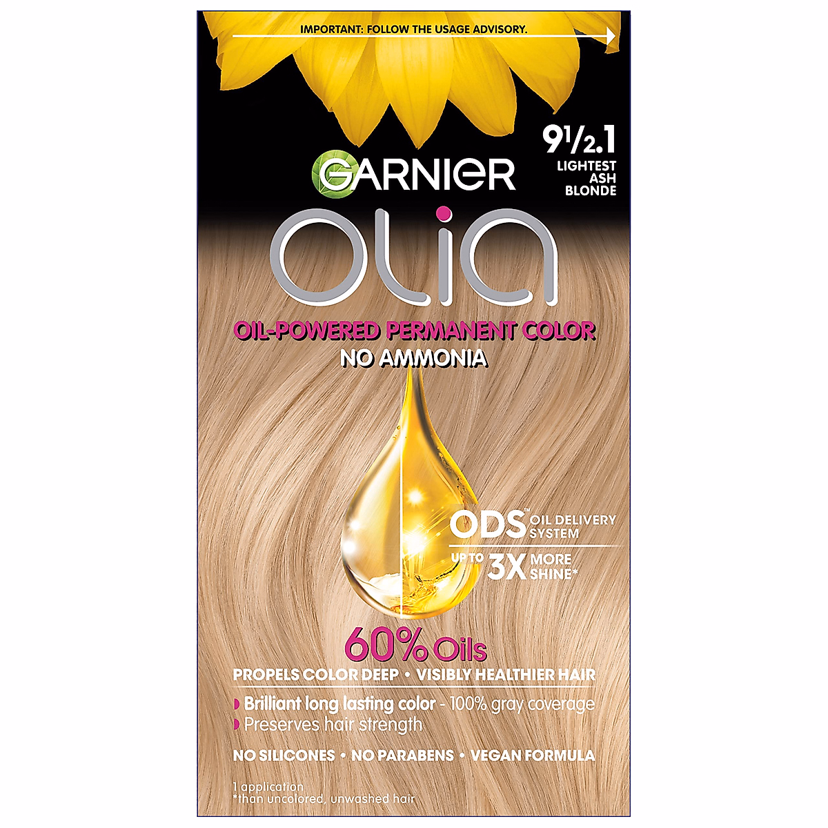 Garnier Hair Color Olia Ammonia-Free Brilliant Color Oil-Rich Permanent Hair Dye, 9 1/2.1 Lightest Ash Blonde, 1 Count (Packaging May Vary)