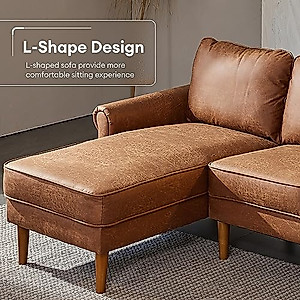 ovios Mid-Century Sectional Sofa, 81.5" L-Shape Sofa Couch with Chaise, Faux Leather Couch with Curved Arm and Solid Wood Legs for Living Room, Left Chaise, Brown