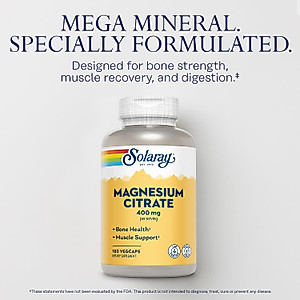Solaray Magnesium Citrate 400mg - Bone Strength, Muscle Recovery, and Digestion Support - Herbal Base - Vegan, Lab Verified, 60-Day Money-Back Guarantee - 60 Servings, 180 VegCaps