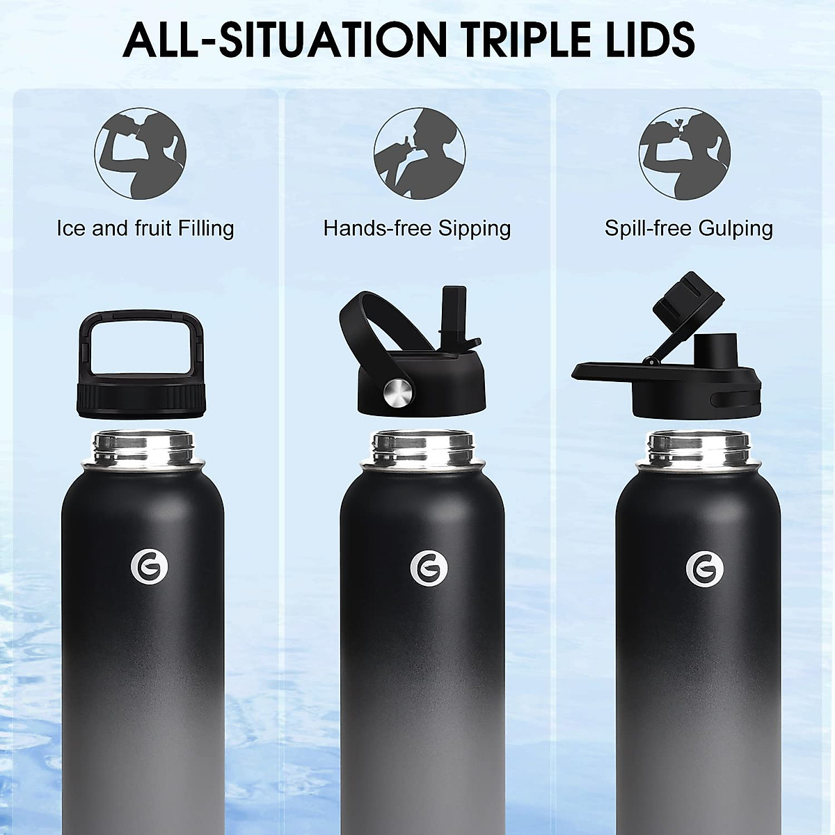 40 Oz Insulated Water Bottle With Straw & Paracord Handles & 3 Lids, Leak Proof Metal Water Jug, Hot Cold Stainless Steel Thermal Water Bottles, Half Gallon Large Water Flask for Sports, Gym
