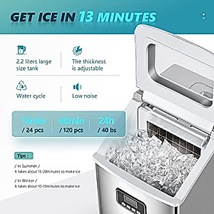 EUHOMY Countertop Ice Maker Machine, 40Lbs/24H Auto Self-Cleaning, 24 Pcs Ice/13 Mins, Portable Compact Ice Maker with Ice Scoop & Basket, Perfect for Home/Kitchen/Office/Bar(Silver)