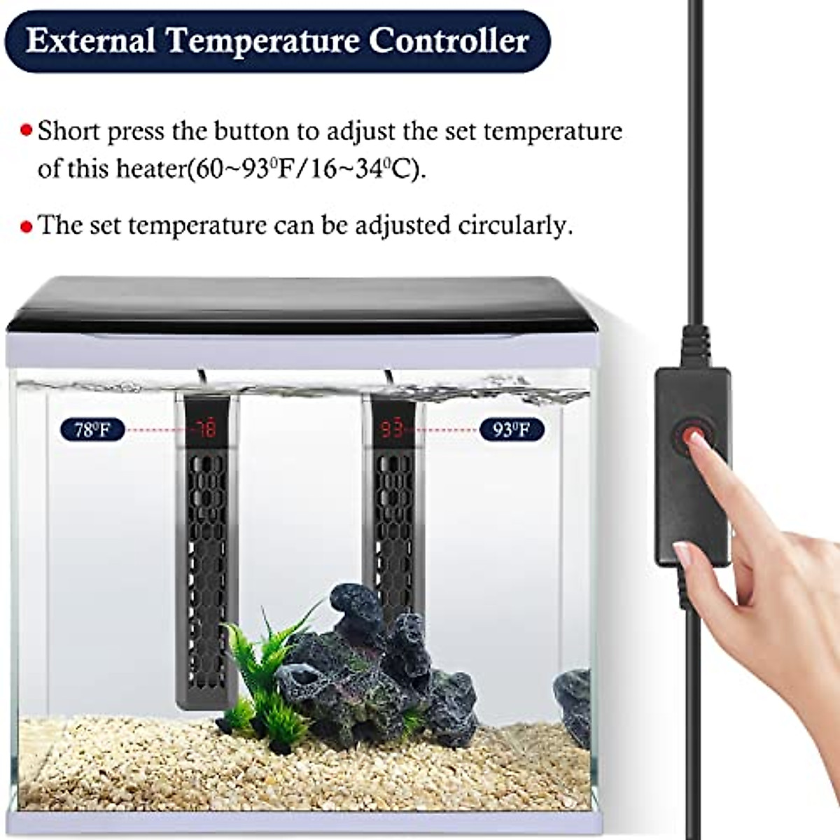 FEDOUR 100W/200W/300W PTC Aquarium Heater, Adjustable Fish Tank Heater with External Temperature Controller, Turtle Tank Heater with Detachable Protective Cover for up to 80 Gallon Tank (300W)