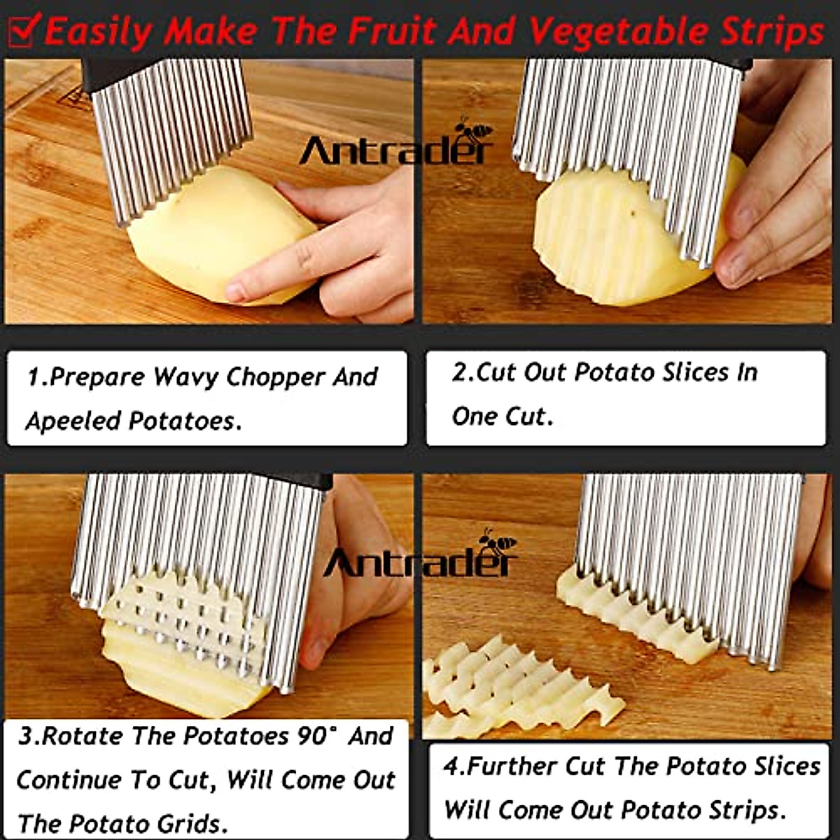 Antrader Stainless Steel Potato Carrot Chip Vegetable Crinkle Wavy Chopper Cutter French Fry Slicer 1 Pack/Set, Green