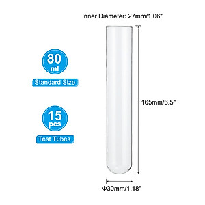 PATIKIL 80ml Test Tubes, 15pcs 6.5x1.18in Glass Clear Round Bottom Test Tube Containers for Bead Party Candy Bath Salt Storage Scientific Experiment Plant Propagation