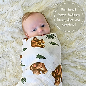 LollyBanks 100% Cotton Muslin Swaddle Forest Baby Blanket Set, Deer, Bear, and Pine Tree Pattern | Boy Receiving Blankets Pack of 3 Breathable Security Swaddles