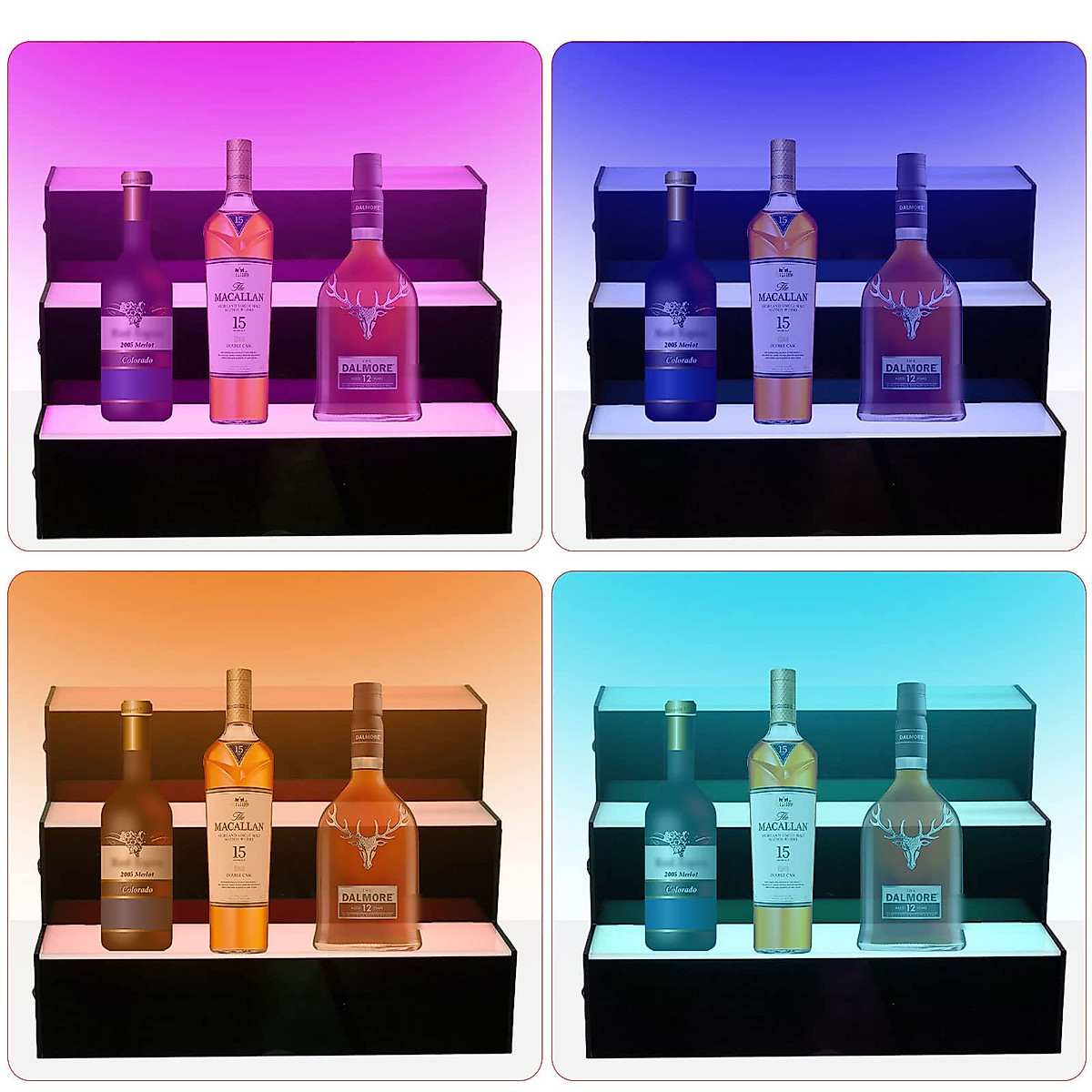 Kweetle 16 Inch 3-Step LED Lighted Liquor Bottle Display Shelf, LED Bar Shelves for Liquor Bottles, Acrylic Liquor Shelf with Remote & App Control for Home Commercial Living Room