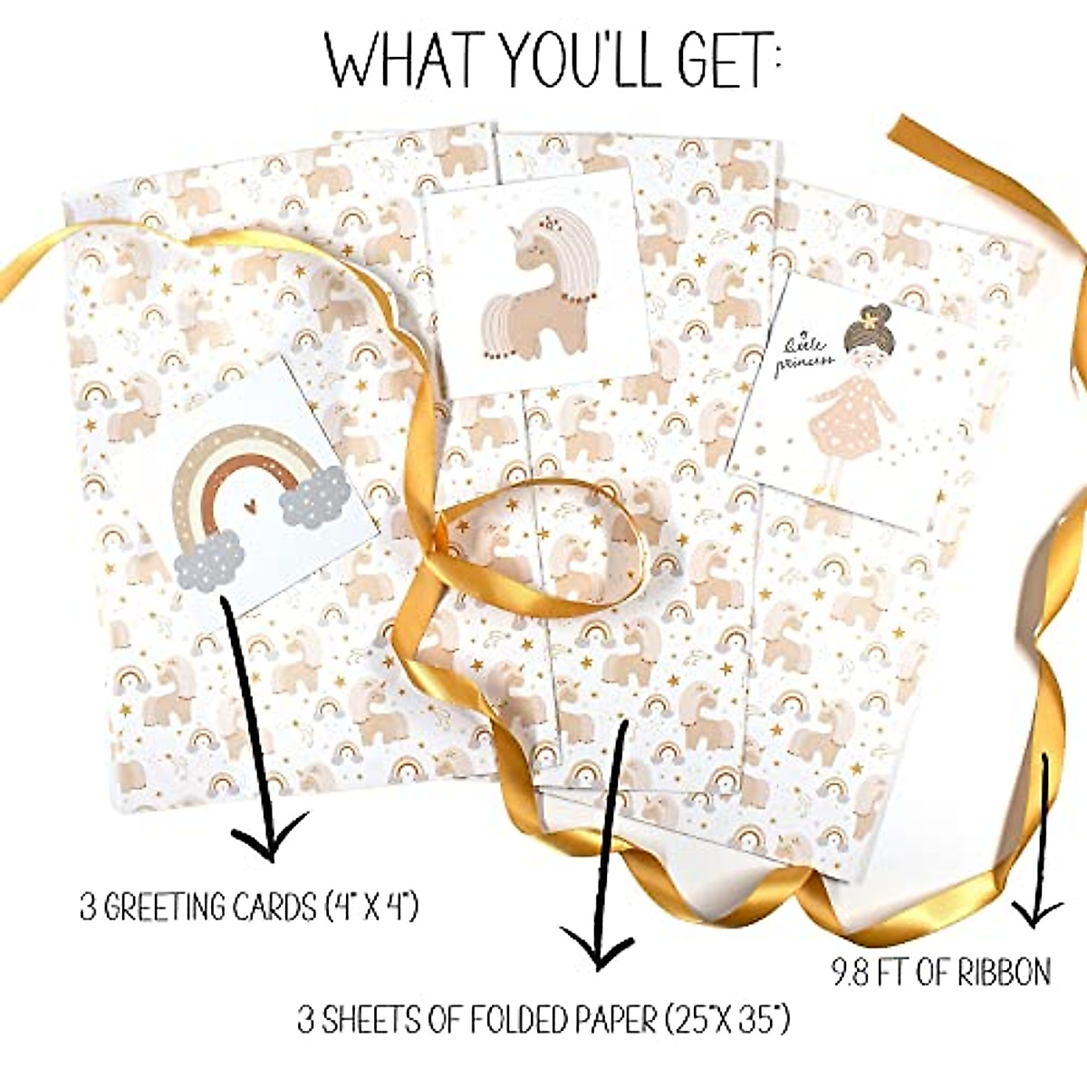 Gift Wrapping Paper - Unicorn Wrapping Paper Birthday Girl -3 Wrapping Paper Sheets (25"x35") Cards & Ribbon - Unicorns Gifts for Girls, Kids Birthday Wrapping Paper Girls, Rainbow Wrapping Paper Kids Wrapping Paper & Baby Shower Wrapping Paper Girl