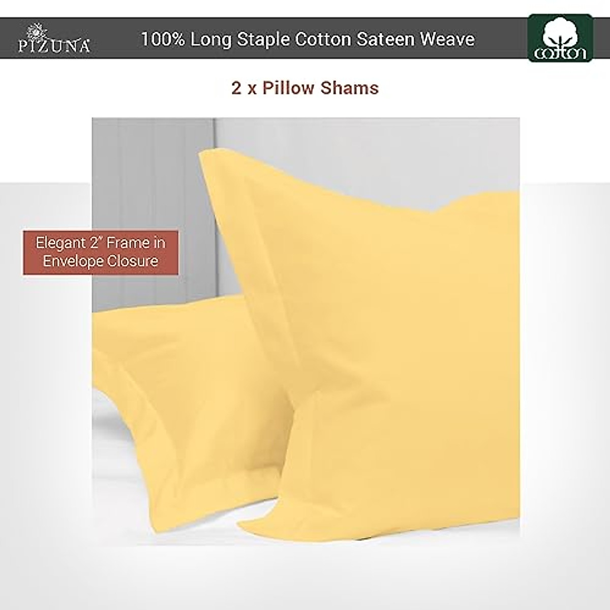 Pizuna Pure 100% Cotton Pillow Shams Queen Size Set of 2 Golden Yellow, Luxurious 400 Thread Count Long Staple Cotton Sateen with Envelope Closure (Combed Golden Yellow Cotton Pillow Shams Queen)