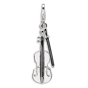 Sterling Silver Amore La Vita Rhodium-pl 3-D Violin Antiqued Bow Charm 46mm 10mm style QCC291