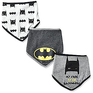 BATMAN 3-Pack Baby Bibs for Boys | Unisex Teething Bibs | Snap Closure | Newborn Boy Bibs | Black/Grey/White, 0-12 Months