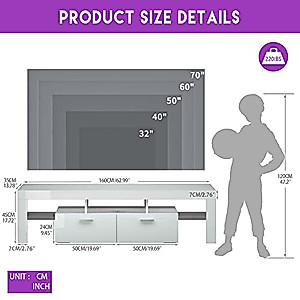 Extougend Modern White LED 63 Inch TV Stand with Storage and Entertainment Center for 50 55 60 65 70 75 Inch TVs, High Gloss Wooden TV Cabinet with Glass Storage Rack for Living Room and Bedroom