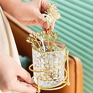 INPROPEXT 6PCS Coffee Spoons with Glass Holder,Small Stainless Steel Gold Tea Spoons,Mini Spoon Set for Fruit,Stirring, Mixing, Sugar, Ice Cream, Cake