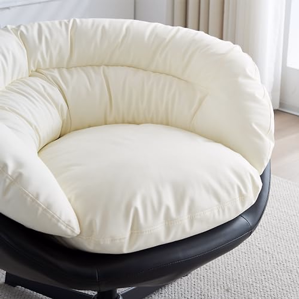 Swivel Barrel Accent Chair, Round Armchair with Wide Upholstered, 360 Degree Swivel PU Leather Club Sofa Chair for Living Room, Bedroom, Office (Cream White+Black)