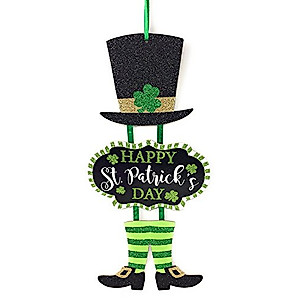 Happy St Patricks Day Leprechaun Glitter Hanging Wall Plaque Sign with Lucky Irish Shamrock Clover on Hat – Vertical Dangling Welcome Home Decor – Saint Paddys Door Decoration