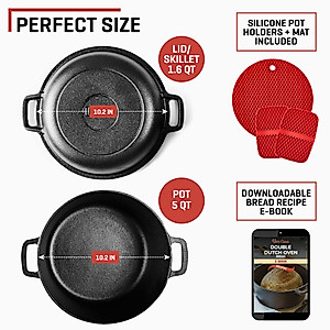 Uno Casa 2in1 Dutch Oven Large - 5 Quart Dutch Oven Pot with Lid, Seasoned Cast Iron Camping Stove for Bread, Heavy Duty Cast Iron Pot with Frying Pan