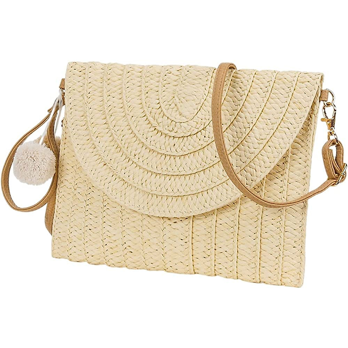 WILDAURORA Straw Shoulder Bag Straw Clutch Women Hand-woven PomPom Straw Crossbody Bag Summer Beach Envelope Purse Wallet