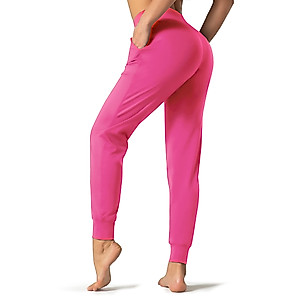 Wjustforu Women's Joggers Sweatpants High Waist Lounge Tapered Pants with Pockets Loose Track Cuff Leggings for Gym, Workout, Yoga (Small, Bright Pink)