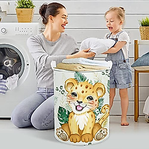Clastyle Woodland Animal Leopard Nursery Hamper Green Tropical Palm Leaves Laundry Basket Round Toy Clothes Storage Basket for Kid Bedroom