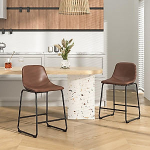 Rfiver Pu Faux Leather Bar Stools Set of 2, Industrial Pub Barstools with Back and Footrest, Modern Armless Bar Height Stool Chairs (Brown, 24" Counter Chair x2)