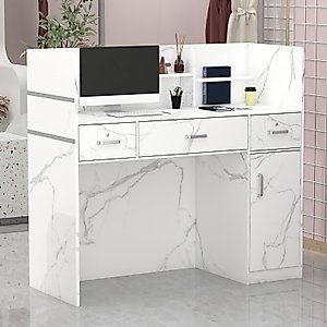 AGOTENI Reception Desk Reception Stations with Open Shelf & Drawers, Wooden Counter Desk with Lockable Drawer for Office Reception Room (Marble White)