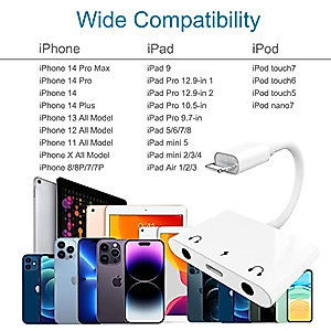 ELITEED 3in1 Lighting to 3.5mm,Headphone Adapter for iPhone, Dual Earphone Jack Audio and Charging Adapter,Headphone Splitter for iPhone 14/13/12/11/XS Max/XR/8/7 Plus /6/ iPad,Support iOS 10 to16