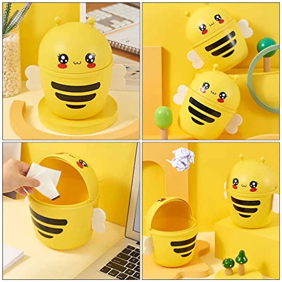 TOPBATHY Plastic Mini Wastebasket Trash Can: Cartoon Bee Desktop Trash Can with Swing Lid for Home, Office, Kitchen, Vanity Tabletop, Bedroom
