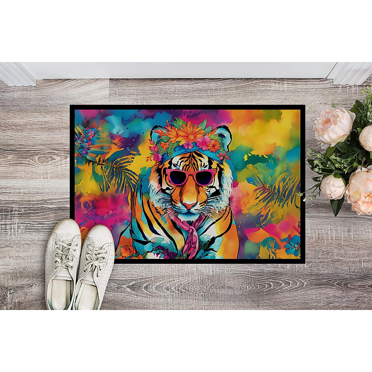 Caroline's Treasures DAC3967JMAT Hippie Animal Bengal Tiger Doormat Front Door Mat Indoor Outdoor Rugs for Entryway, Non Slip Washable Low Pile, 24H X 36W