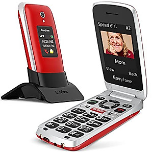Easyfone Prime-A1 Pro 4G Big Button Flip Cell Phone for Seniors | Easy-to-Use | Clear Sound | SOS Button w/GPS | Unlocked for T-Mobile&MVNOs (Included a SIM Card) | Convenient Charging Dock (Red)