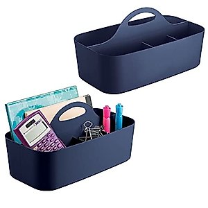 mDesign Plastic Office Storage Organizer Caddy Tote with Handle for Cabinet, Countertop, Desk, Workspace - Holds Erasable Pens, Colored Pencils, Washi Tape, Notebook - Large, 2 Pack - Navy Blue
